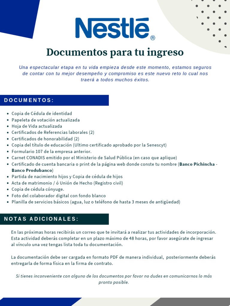 Documentos de Ingreso - Nestlé | PDF