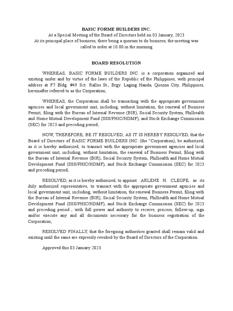 Board Resolution - Business Permit Renewal | Download Free PDF | Notary ...