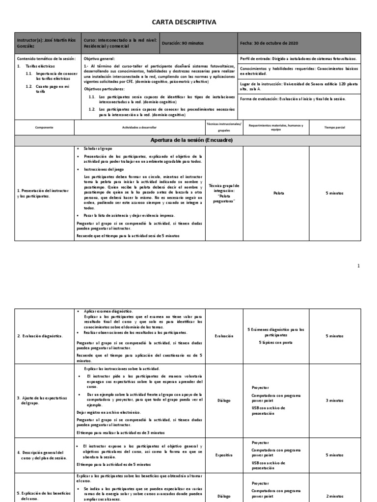 1 CARTA DESCRIPTIVA | PDF | Prueba (evaluación) | Fotovoltaica