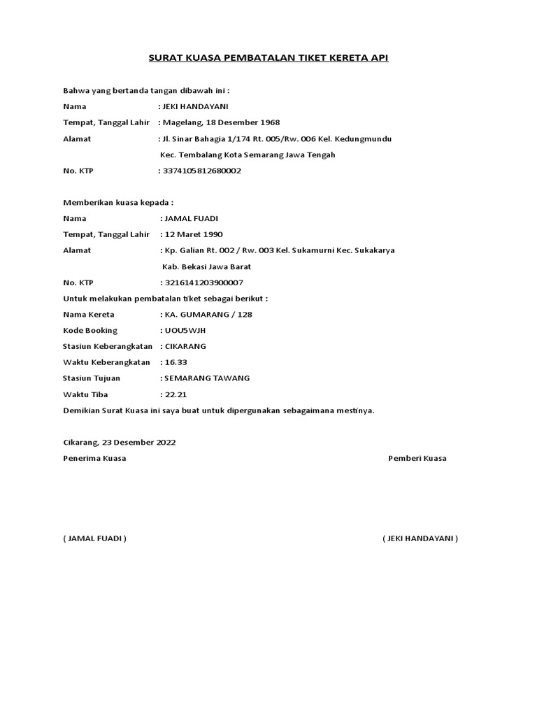 Surat Kuasa Pembatalan Tiket Kereta Api | PDF