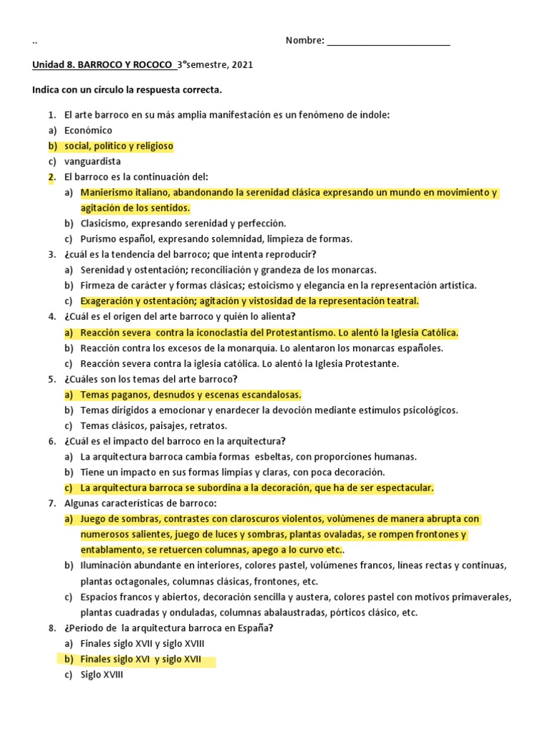 Cuestionario de Barroco y Rococó Estudiantes Marzo 2021 | PDF | Barroco ...
