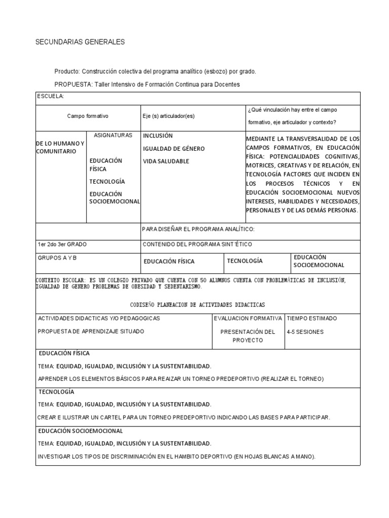 Propuesta Diseño Programa Analitico 5 Pdf Inclusión Educación