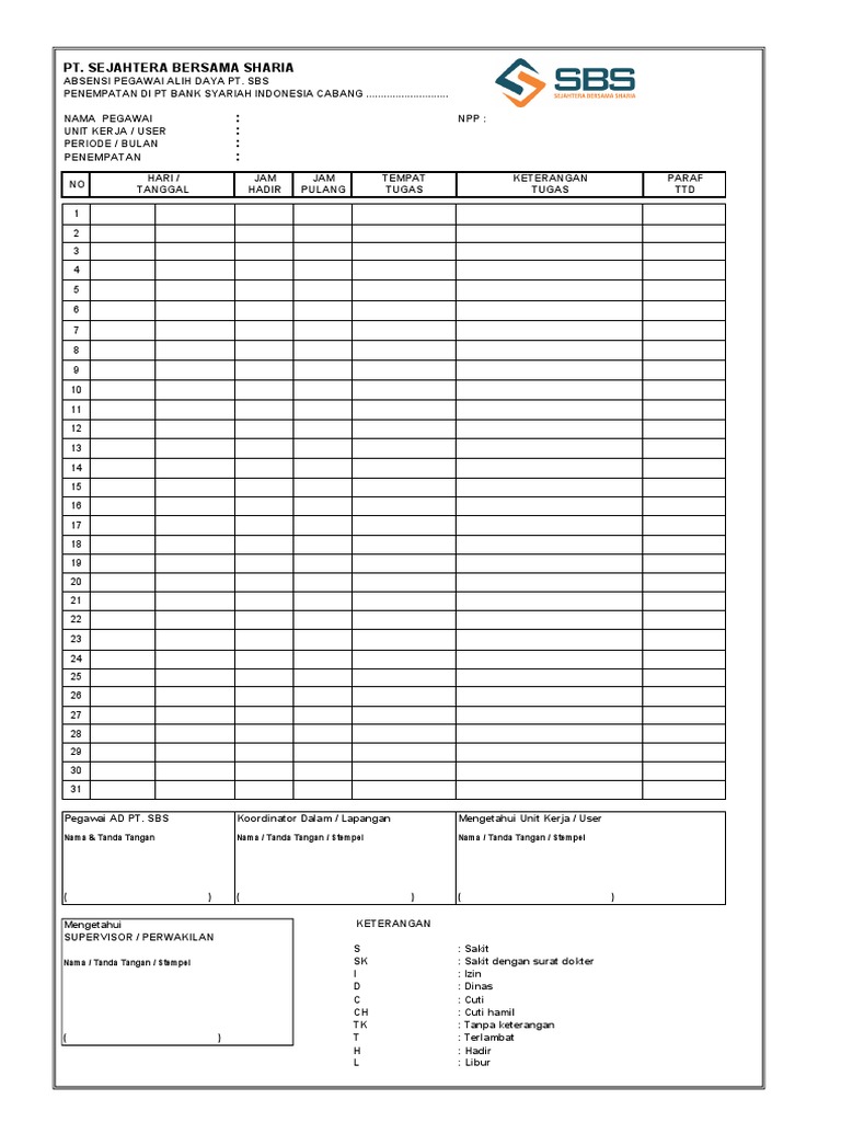 Form Absensi PT. SBS 1 | PDF