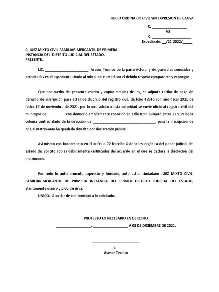 Escrito de inscripcion de divorcio en registro civil | PDF