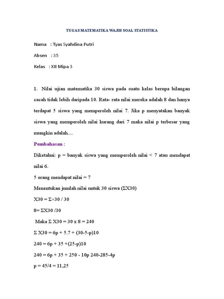 Tyas Syahdina Putri (35) XII Mipa 3 - Soal Statistika MTK W | PDF