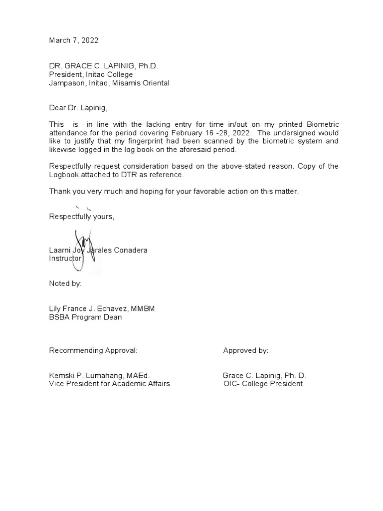 Biometric Attendance Justification Letter | PDF