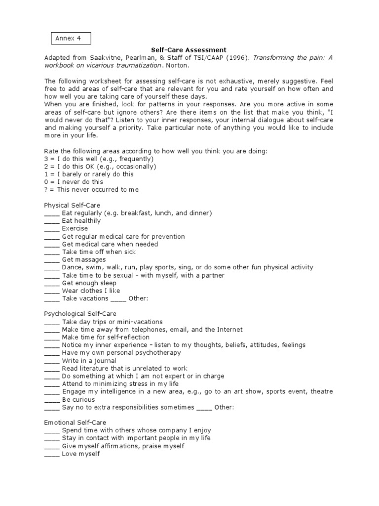 Self Care Assessment | Download Free PDF | Psychology | Psychological ...