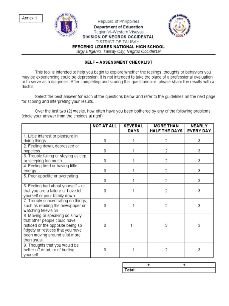 Assessment Checklist | PDF | Depression (Mood) | Major Depressive Disorder