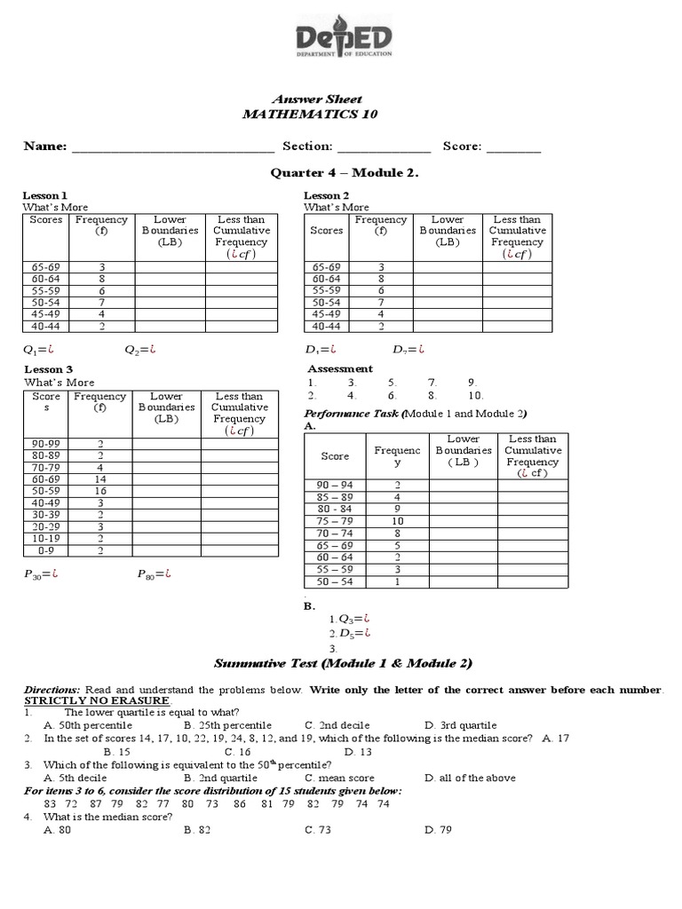 Math 10 Module 2: Percentiles & Quartiles | PDF | Percentile | Quartile