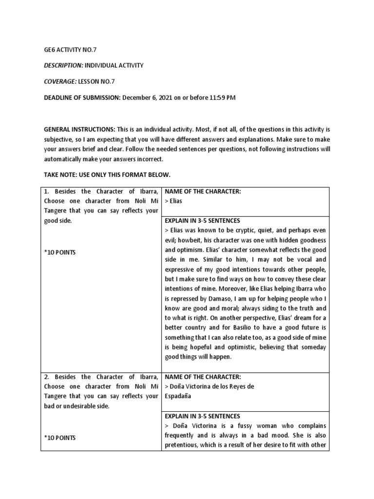 Reflecting on Characters: An Individual Activity on Rizal's Novels Noli ...