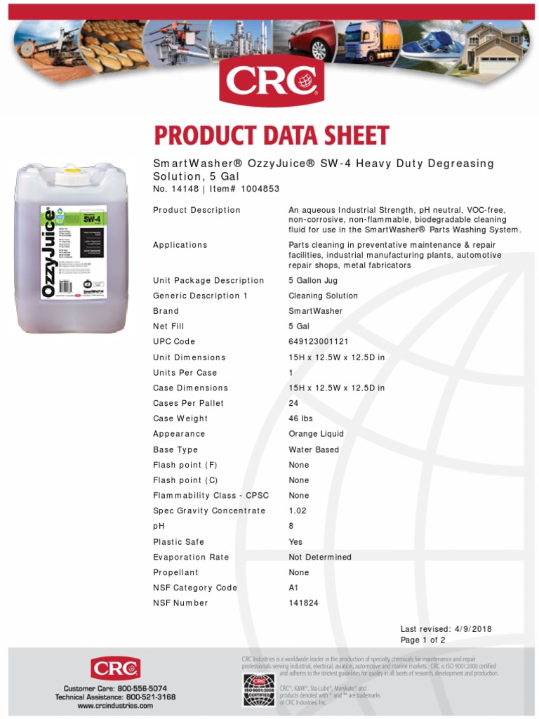 CRC SmartWasher OzzyJuice SW-4 Heavy Duty Degreasing Solution Tds | PDF