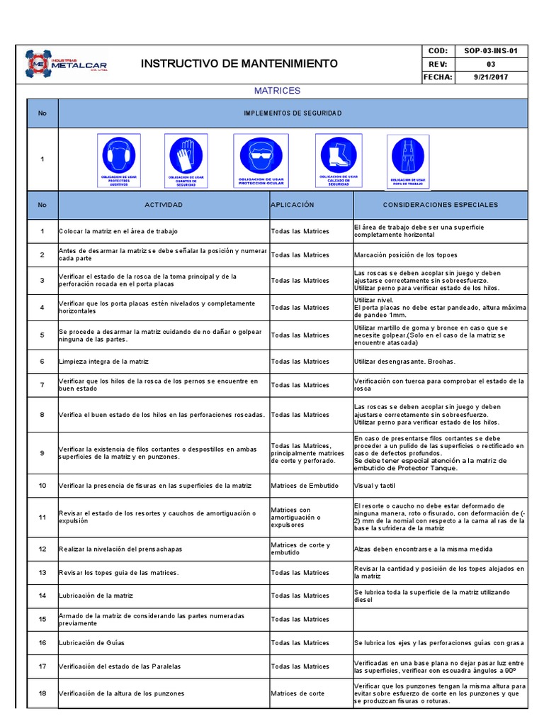Instructivo Mantenimiento HERRAMENTALES | PDF | Matriz (Matemáticas) | Tornillo