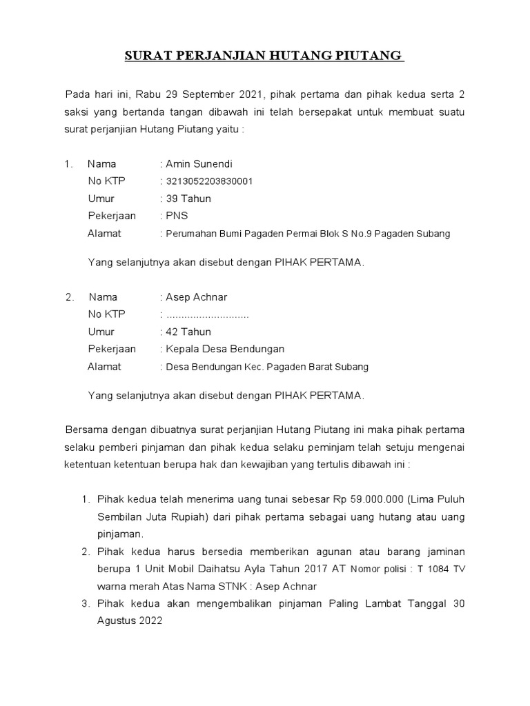 Surat Perjanjian Hutang Piutang | PDF