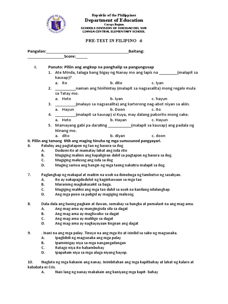 Pre-Test Filipino 6 | PDF