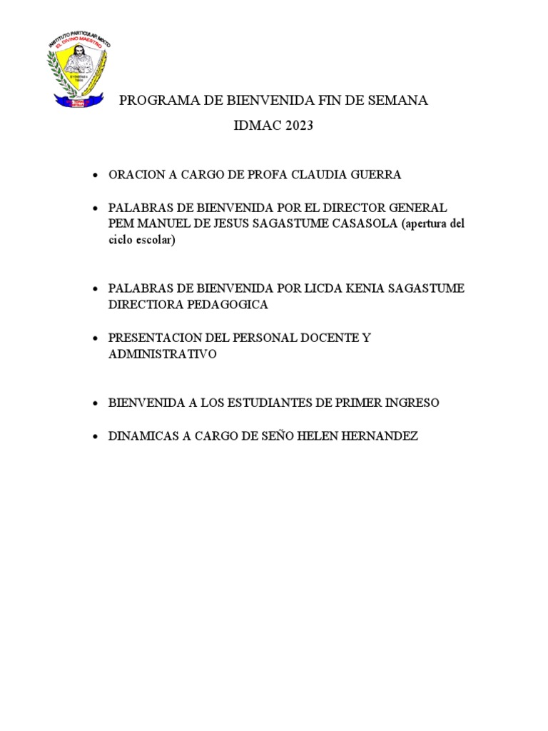 Programa de Bienvenida Fin de Semana | PDF