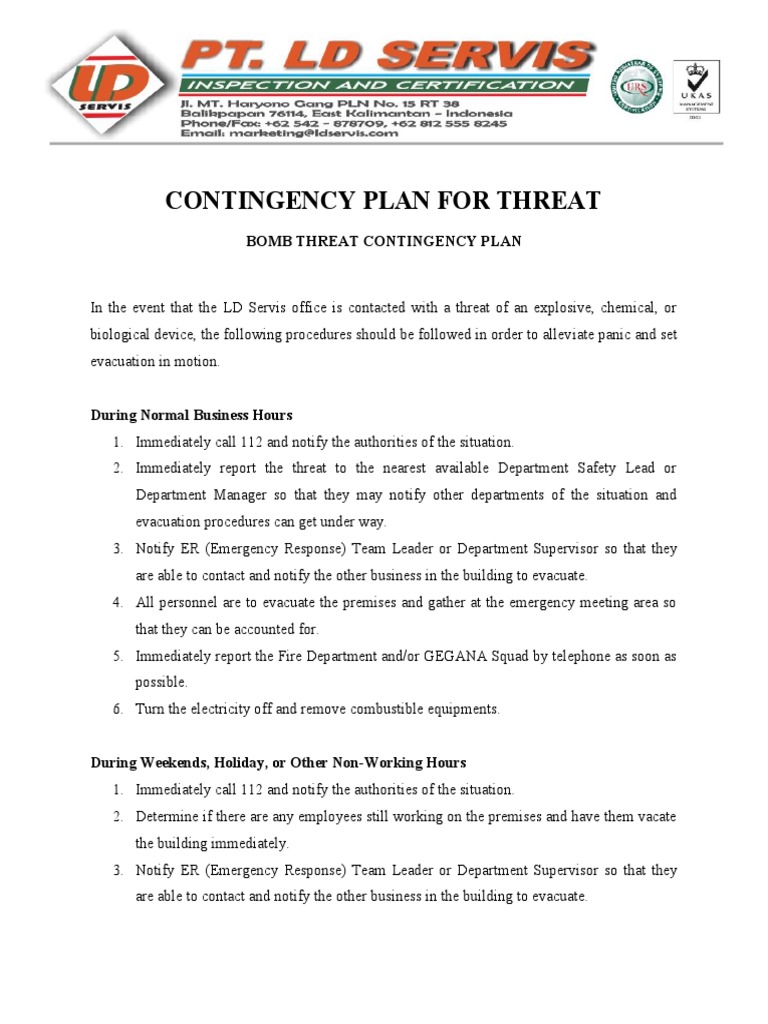 Contingency Plan For Bomb Threat | PDF