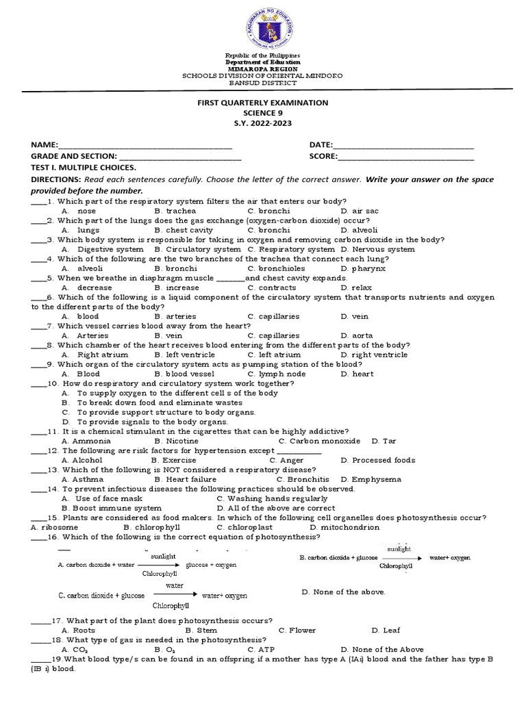 Science 9 First Quarter Exam Guide | PDF | Heart | Human Body