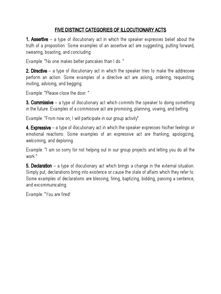 Five Distinct Categories of Illocutionary Acts | PDF