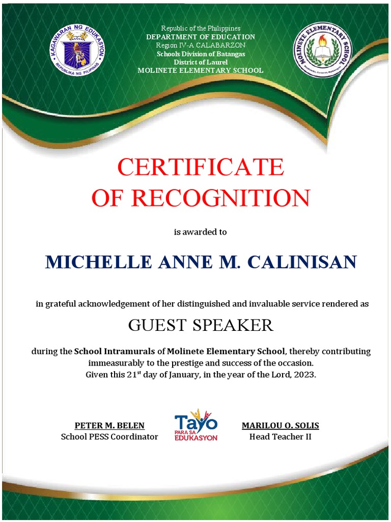 Certificate of Recognition For Guest of Honor and Speaker | PDF