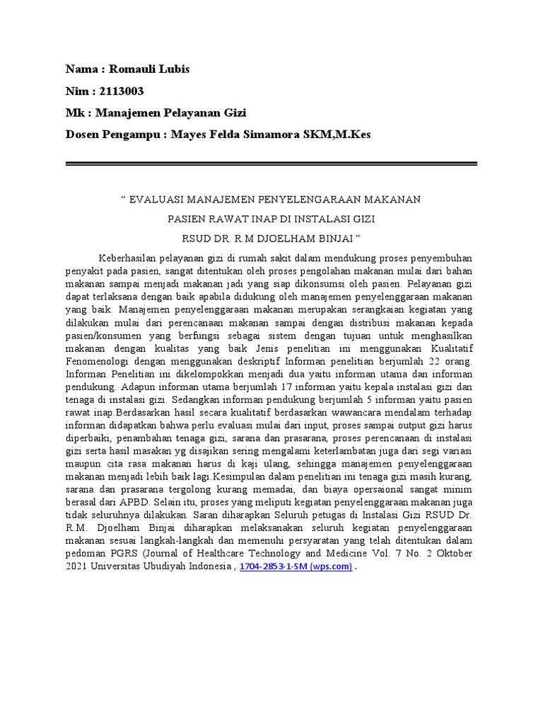 Jurnal Manajemen Pelayanan Gizi Romauli | PDF | Kesehatan Holistik ...