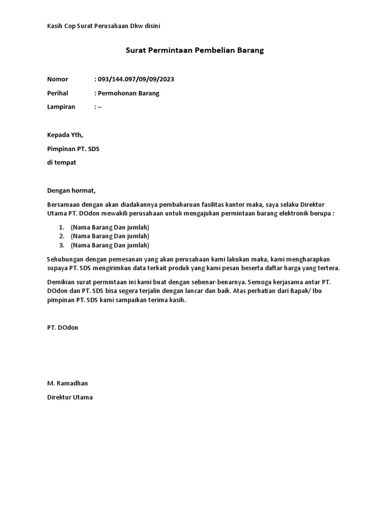 Surat Permintaan Pembelian Barang Dodon | PDF