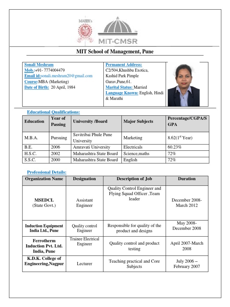 Sonali Meshram CVNEW 2017 | PDF | Master Of Business Administration