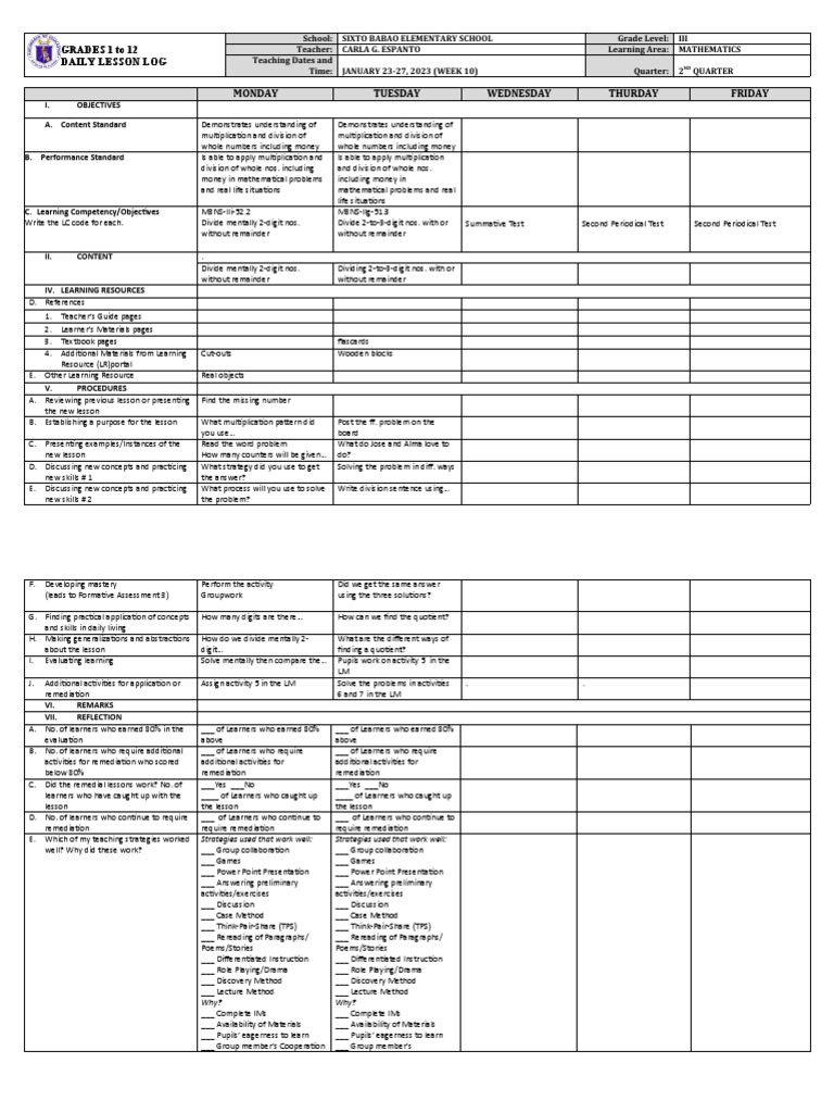 DLL - Mathematics 3 - Q2 - W10 | PDF | Learning | Cognitive Psychology