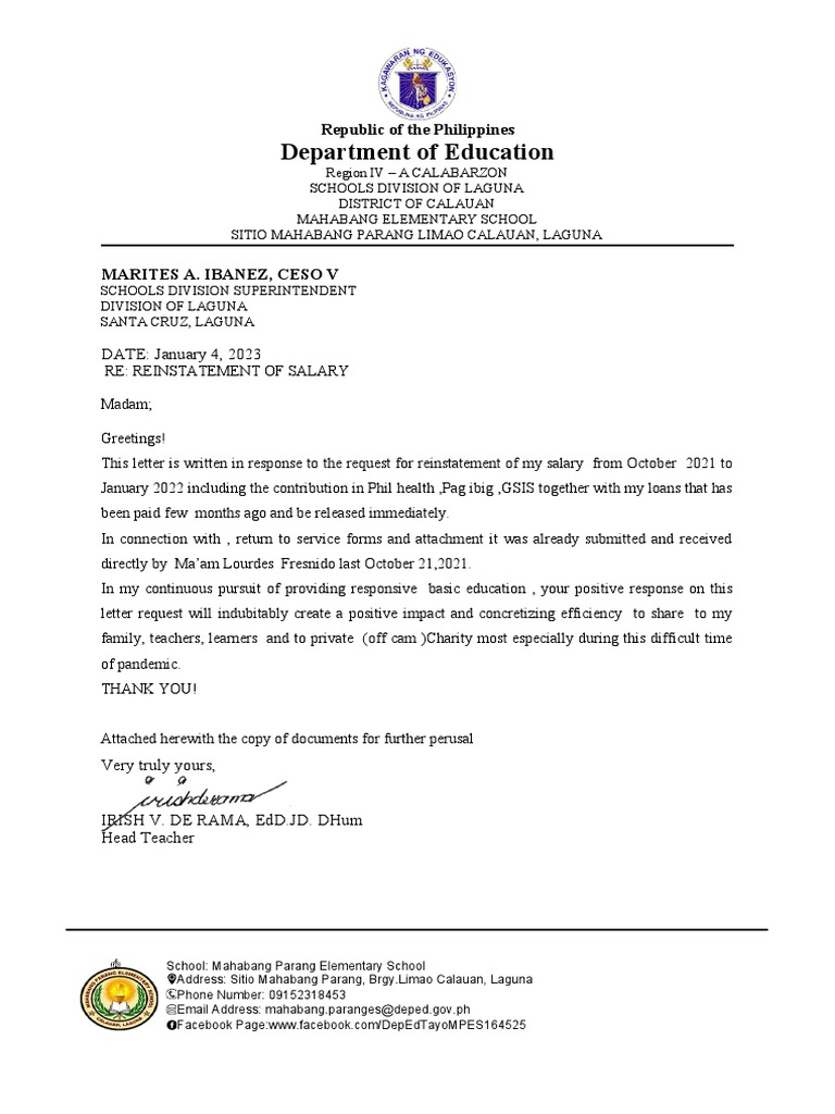 Salary Reinstatement Request Letter | PDF