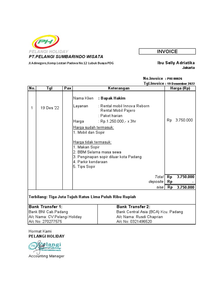Invoice Rental Mobil Padang | PDF