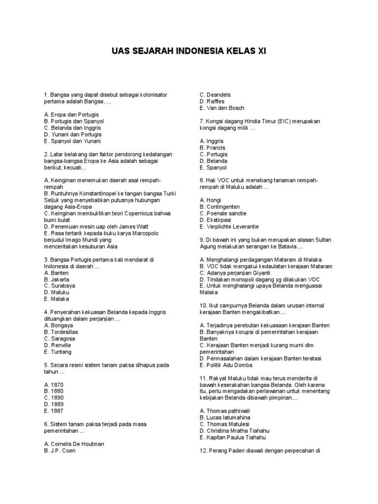Uas Sejarah Indonesia Kelas Xi | PDF