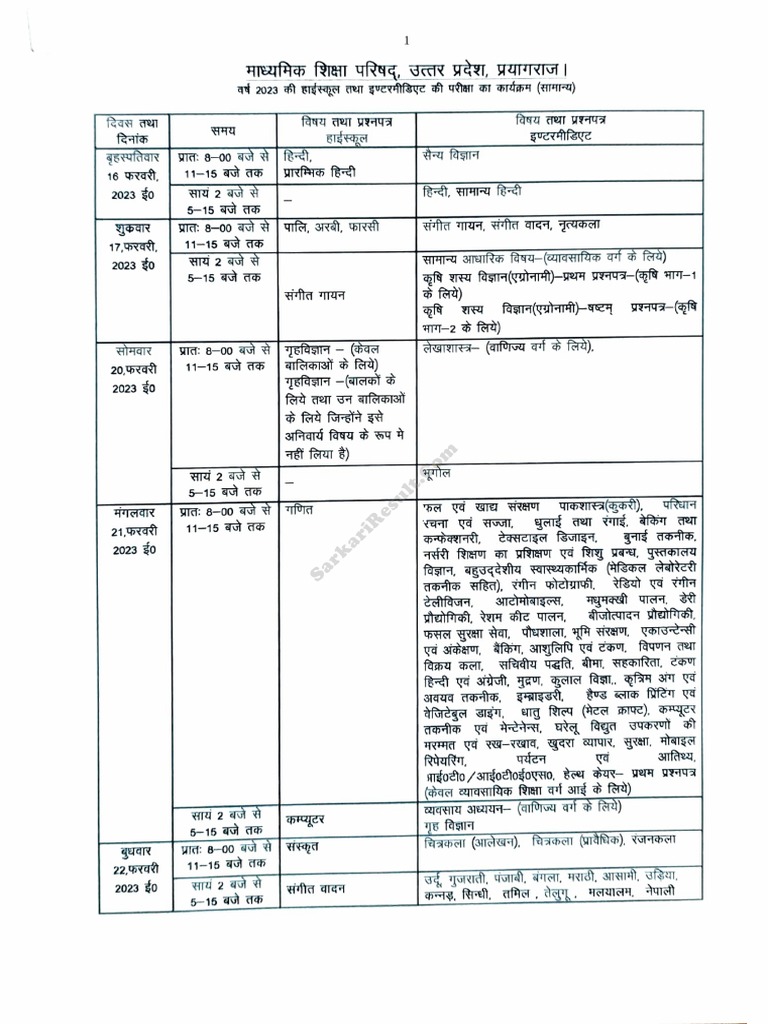Upmsp Time Table 2023 Sarkari Result Com | PDF