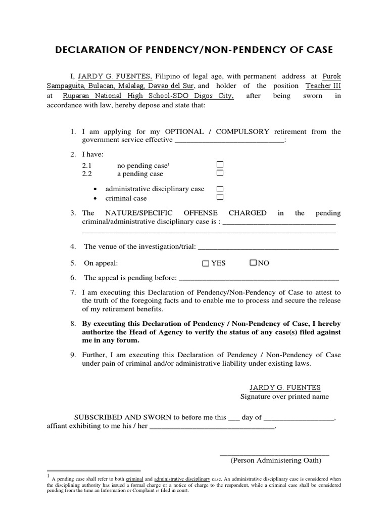 DECLARATION Non Pendency Form | PDF | Legal Procedure | Common Law