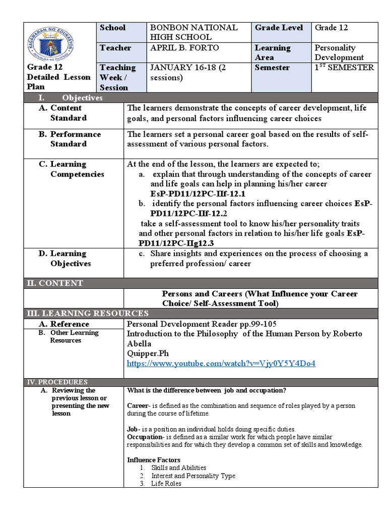 DLP - SHS Personality Development - Persons and Career | PDF | Learning | Teachers