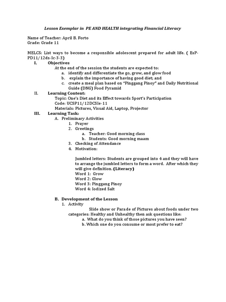 Perdev Lesson Exemplar | PDF | Fat | Foods