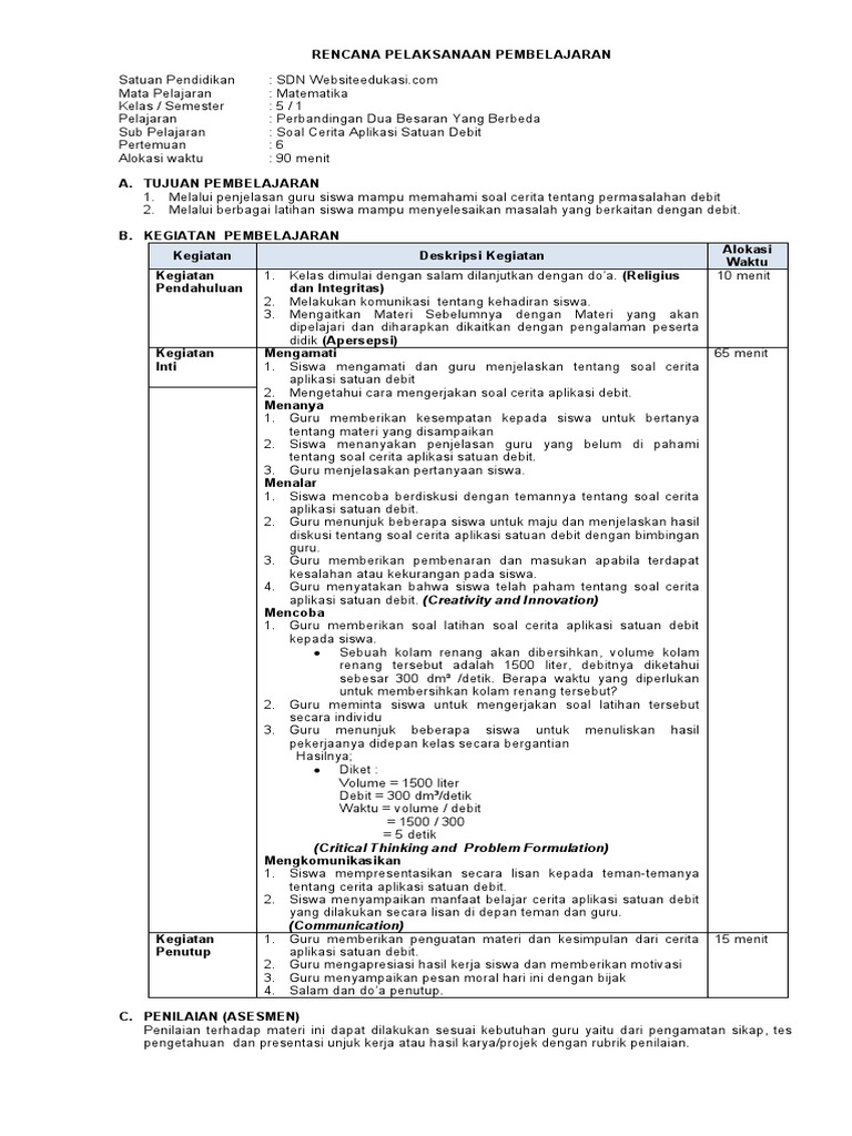 Soal Cerita Aplikasi Satuan Debit | PDF | Karier & Perkembangan | Seni