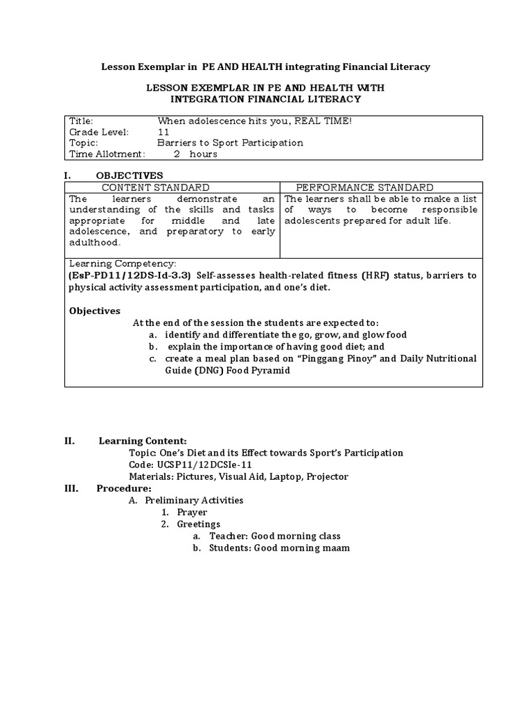 Lesson Exemplar in Pe 11 | PDF | Foods | Fat