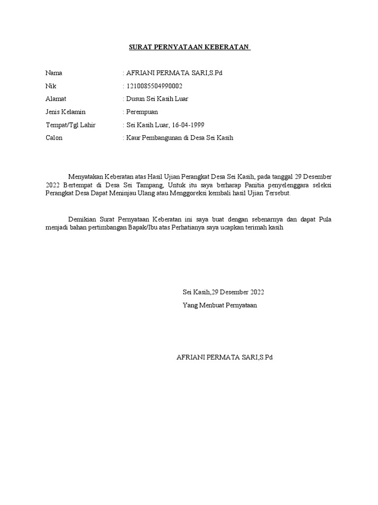 Surat Pernyataan Keberatan | PDF