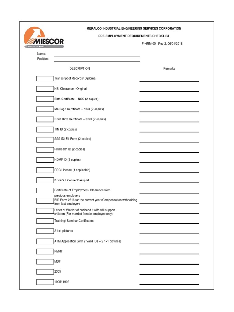 Pre-Employment Checklist | PDF