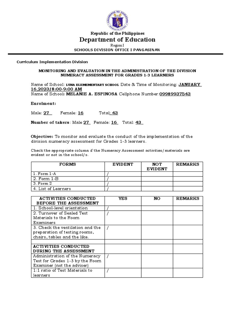 2023-Monitoring-Tool-in-Numeracy LUNA ES | PDF | Reading Comprehension ...
