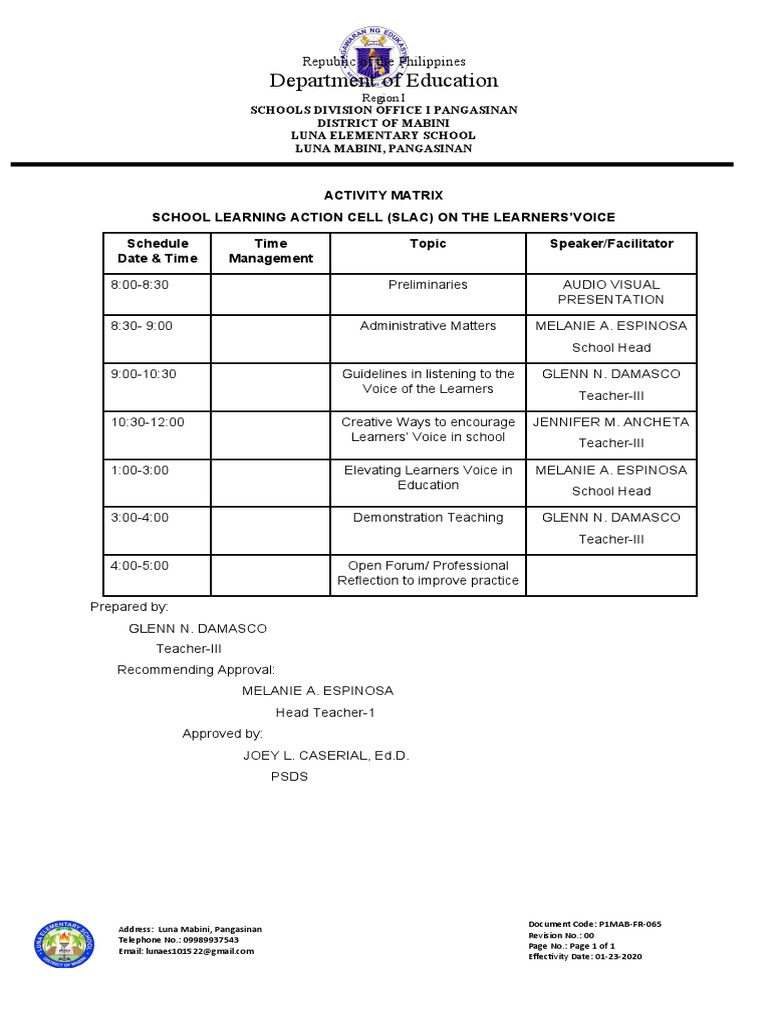 SLAC Activity Matrix for Learners' Voice | PDF | Learning | Cognition