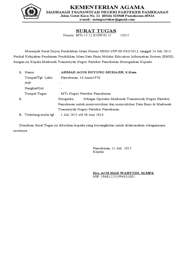 Surat Tugas Operator Emis | PDF