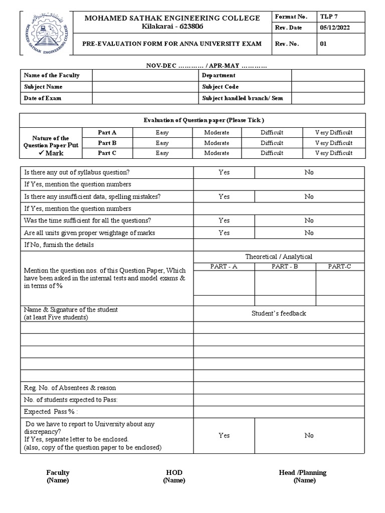 Pre-Evaluation Form For AU Exam | PDF | Science