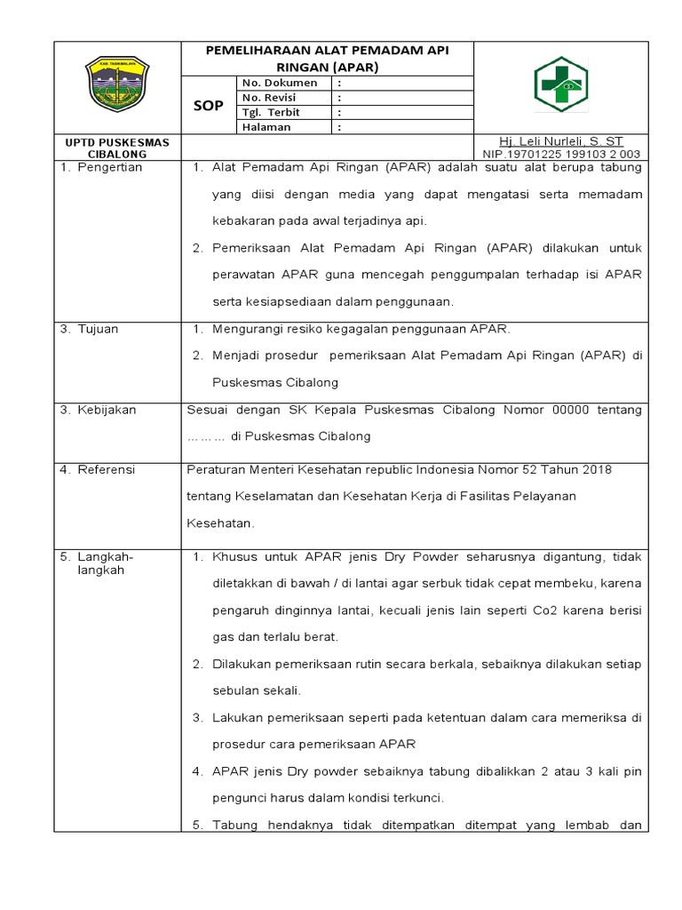 SOP Pemeliharaan APAR Puskesmas Rajapolah (Kebakaran) | PDF