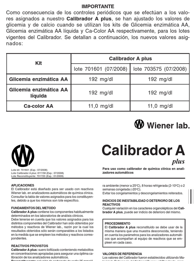 Calibrador A Plus Wiener | PDF | Bioquímica | Química