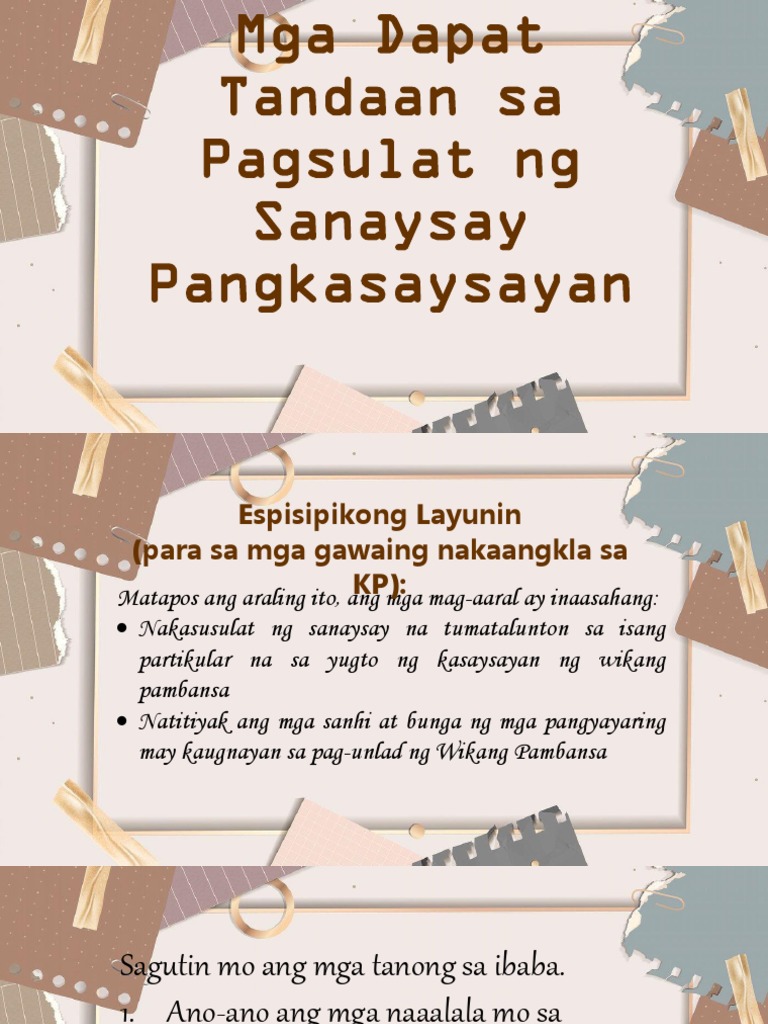 Aralin 8 Mga Dapat Tandaan Sa Pagsulat NG Sanaysay Pangkasaysayan | PDF Aralin 8 Mga Dapat Tandaan Sa Pagsulat NG Sanaysay Pangkasaysayan | PDF