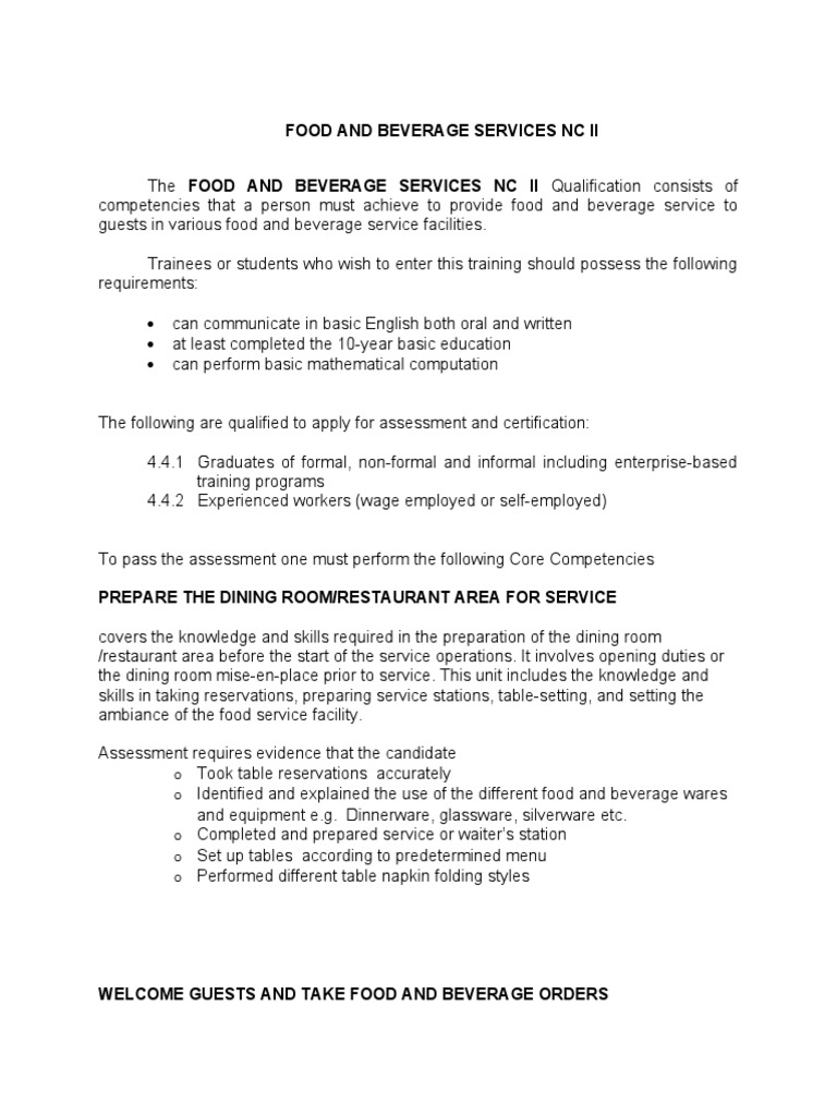 Food and Beverage Services NC Ii | PDF | Foodservice | Restaurants