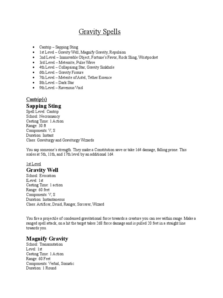 Gravity Spells | PDF | D20 System | Gary Gygax Games