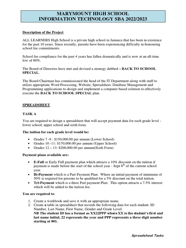 Infotechsba2022 23 Spreadsheet Pdf Spreadsheet Tuition Payments