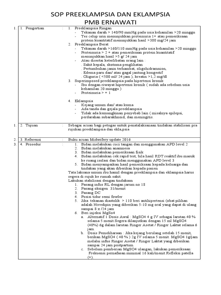 PMB Ernawati Sop Preeklampsia Dan Eklampsia | PDF