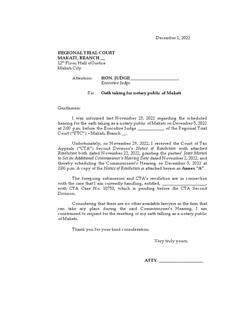 Letter To RTC - Makati Branch - Notarial Commission - Scribd | PDF